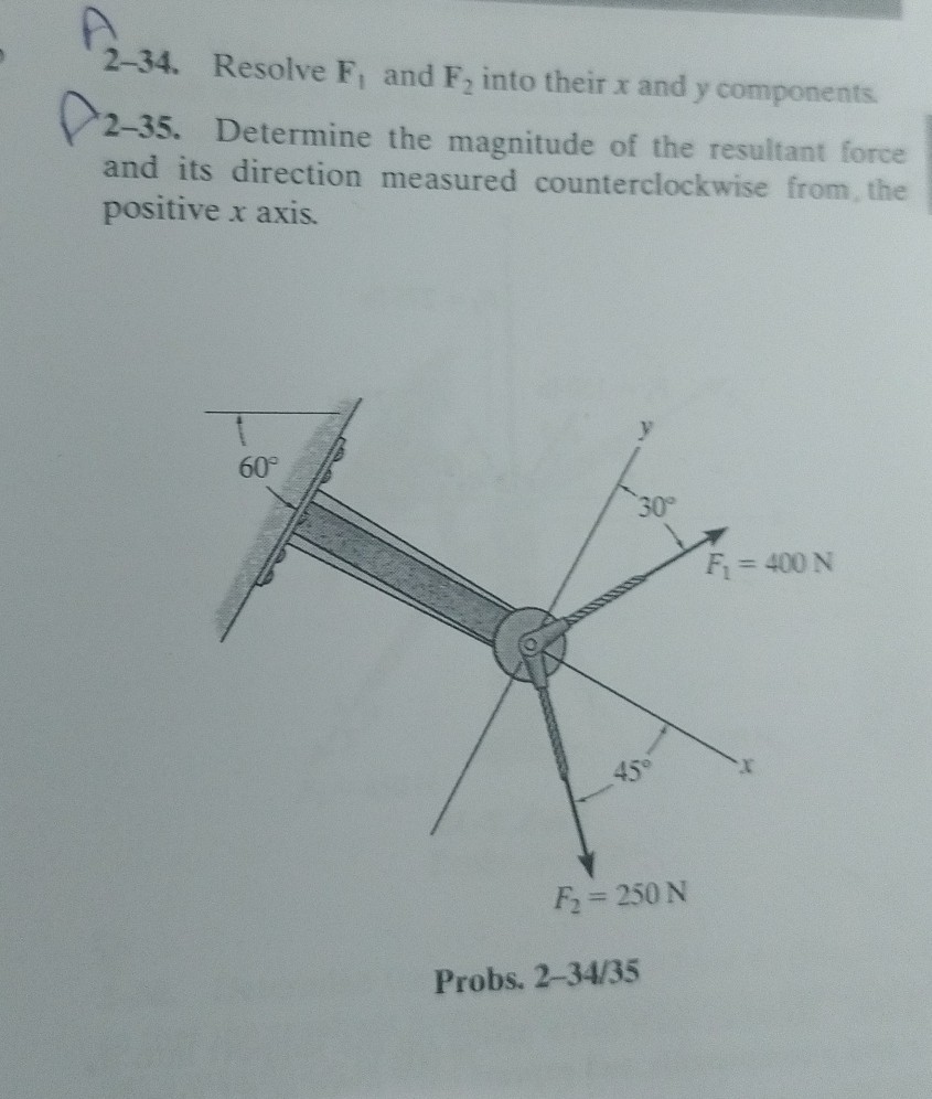 A1 2-34. Resolve F1 and F2 into their x and y components 2-35. Determine the magnitude of the ...