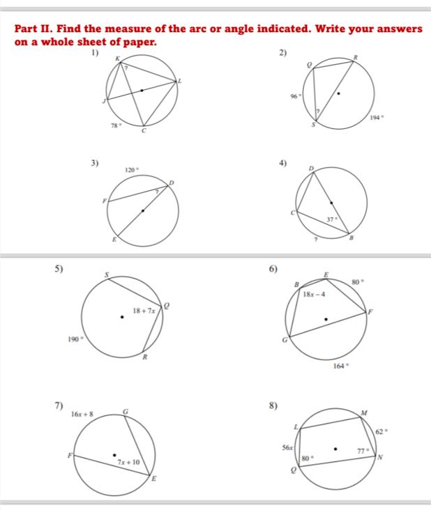 Part II. Find the measure of the arc or angle indicated....
