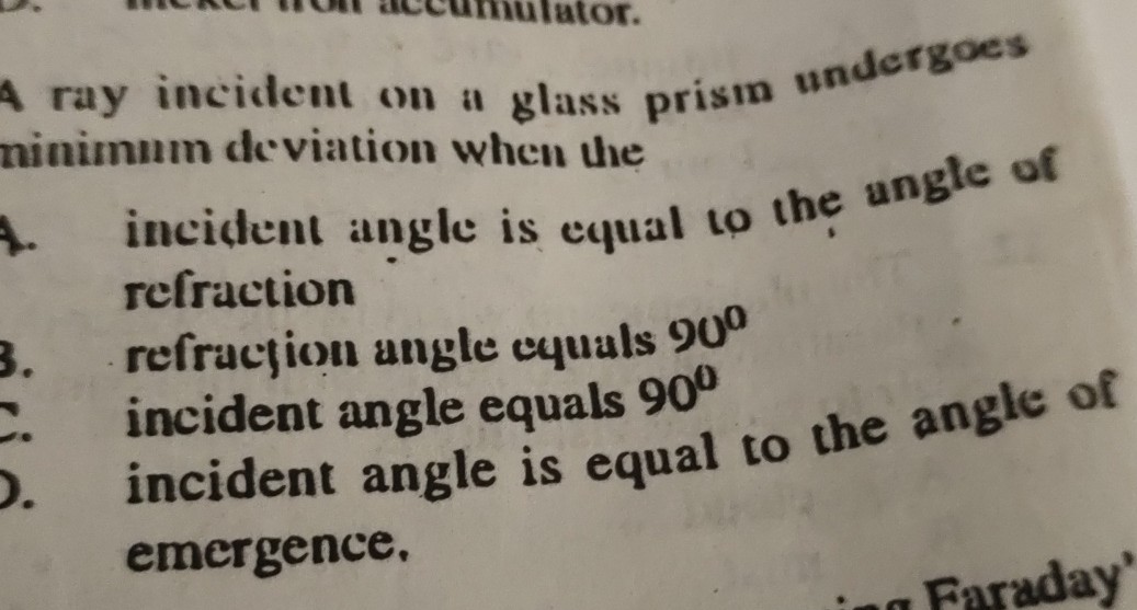ray incident on a glass prisin undergoes ninimum deviation when the ...