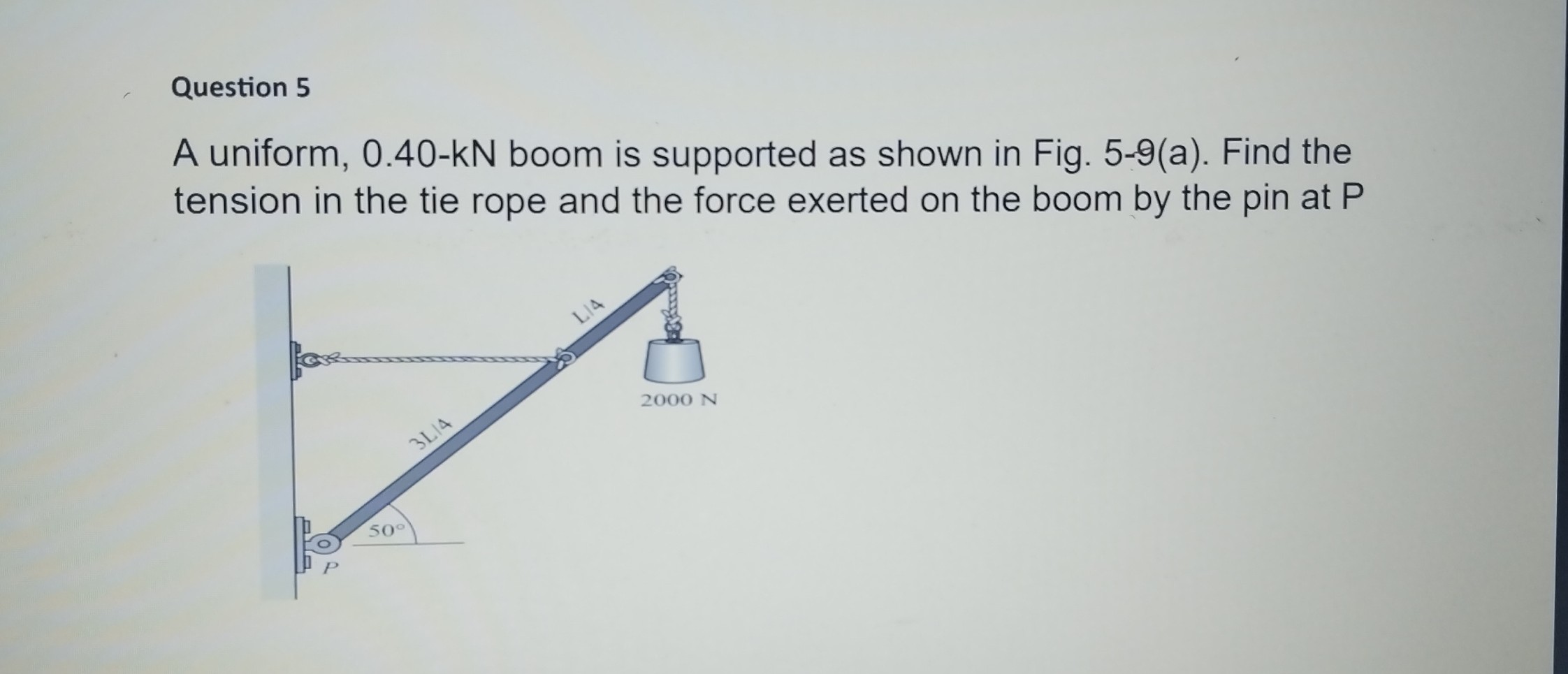 question 5 a uniform 040 mathrmkn boom is supported as shown in fig 5 ...