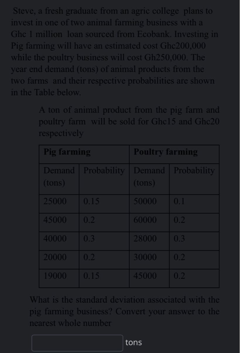 Steve, a fresh graduate from an agric college plans to invect in one of ...