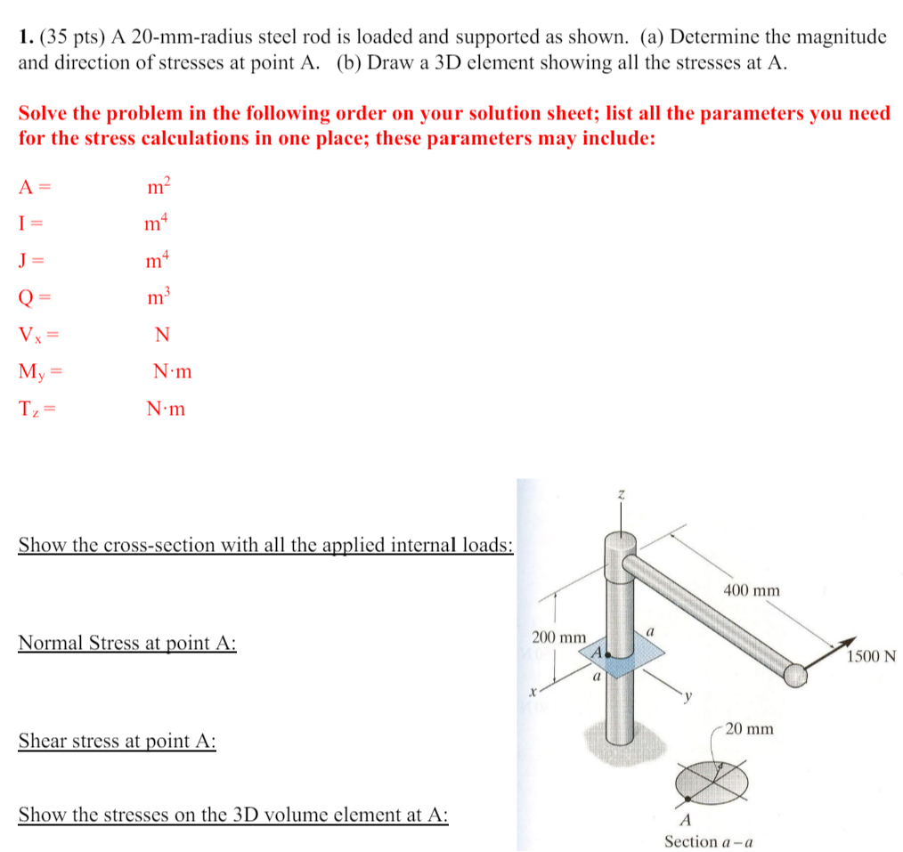 1 35 pts a 20 mm radius steel rod is loaded and supported as shown a ...