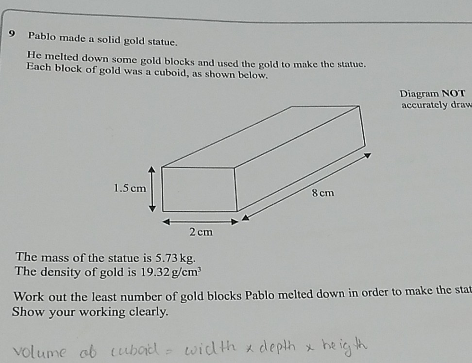 [GET ANSWER] 9 Pablo made a solid gold statue. He melted down some gold ...