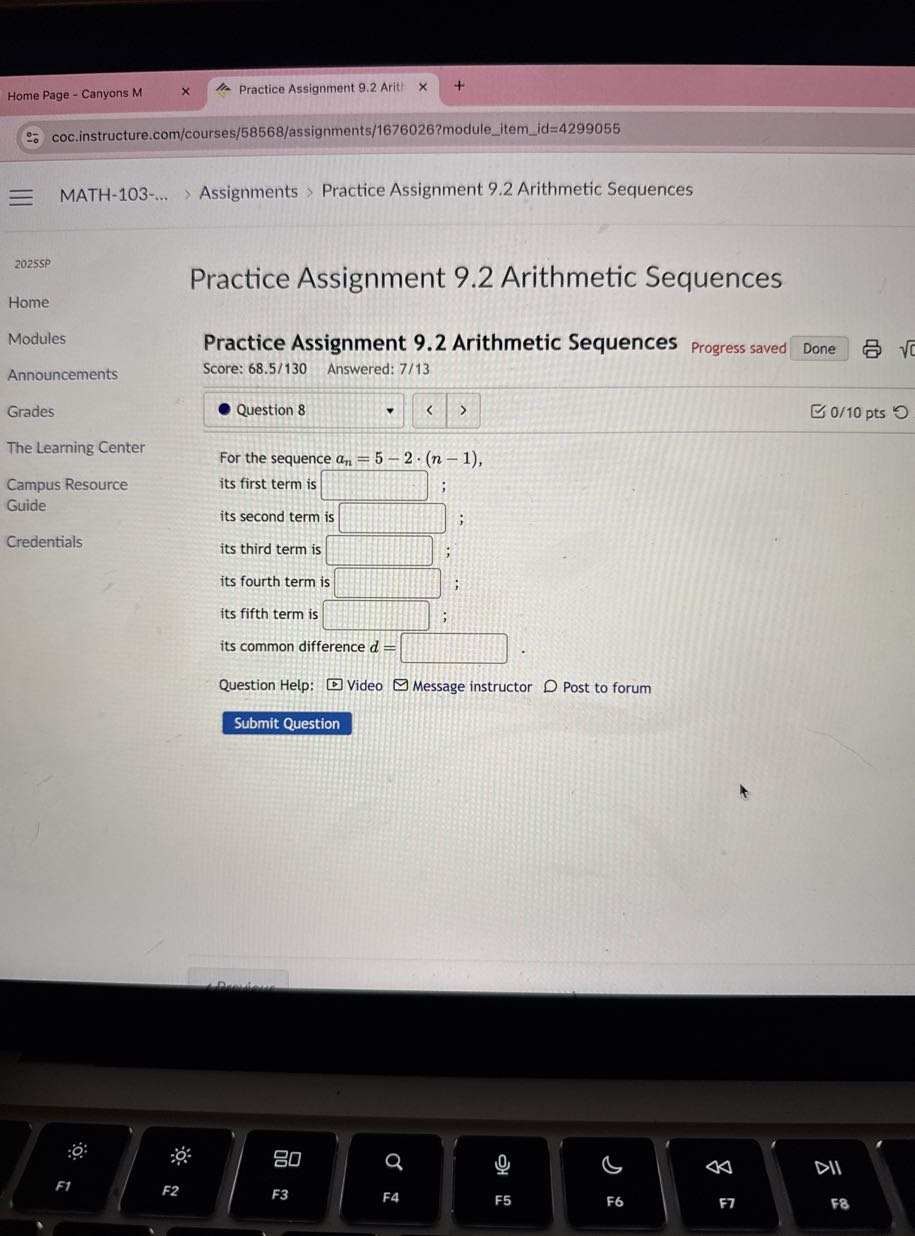 Home Page - Canyons M Practice Assignment 9.2 Arit coc.instructure.com ...