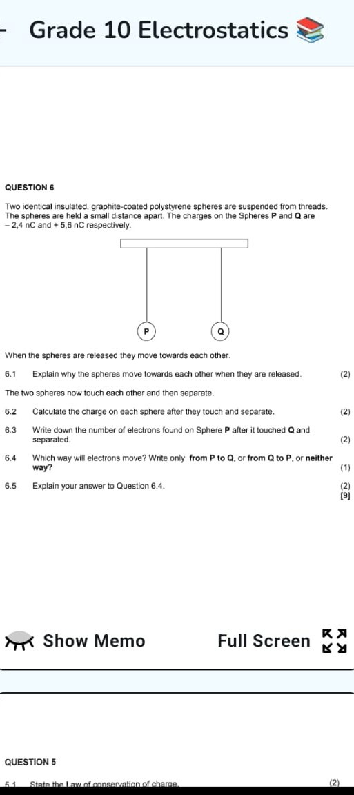 Grade 10 Electrostatics QUESTION 6 Two identical insulated,...