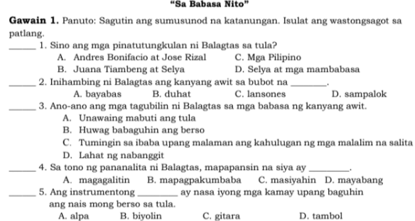 "Sa Babasa Nito" Gawain 1. Panuto: Sagutin ang sumusunod na katanungan ...