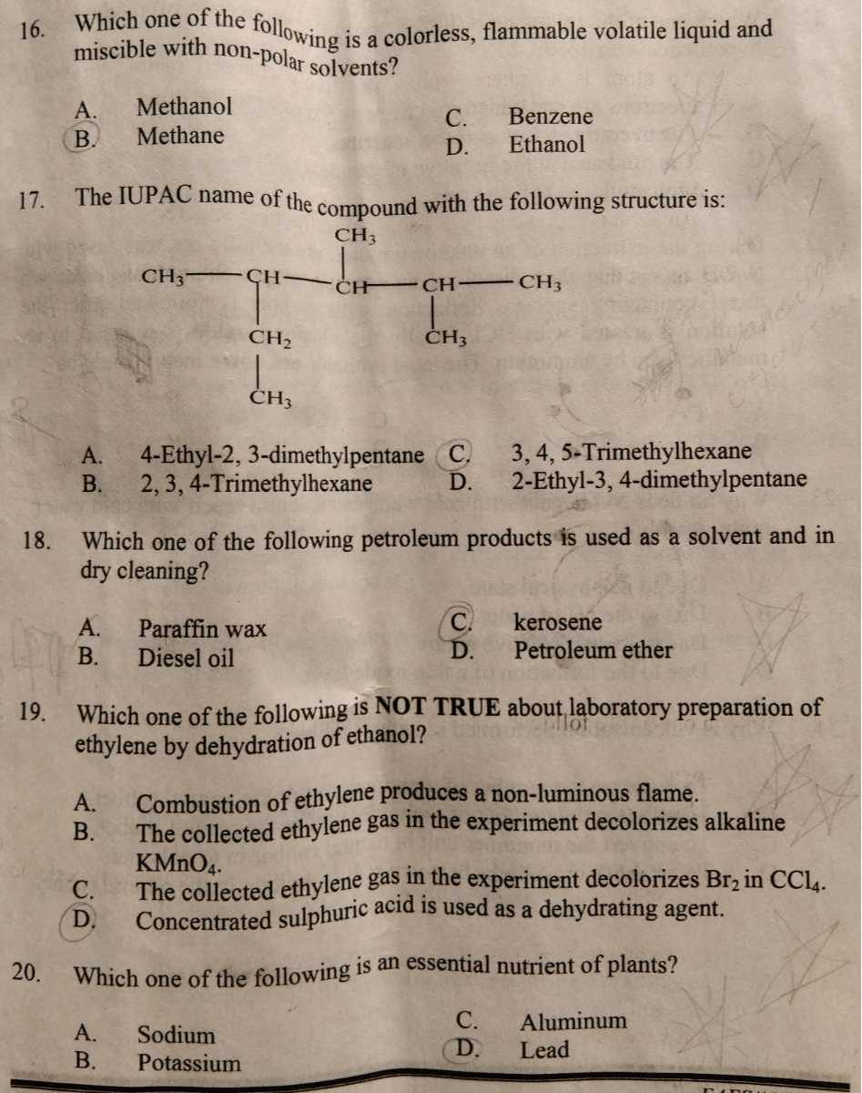 16. Which one of the following is a colorless, flammable volatile ...