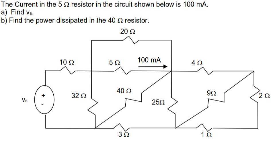 The Current in the 5 Ω resistor in the circuit shown below is 100 mA . a) Find vs. b) Find the ...