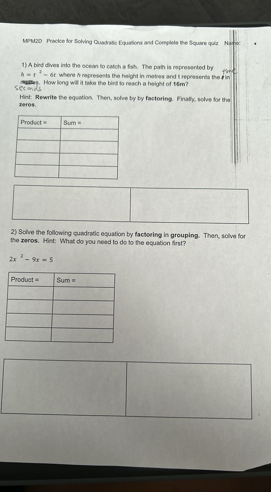 MPM2D Practce for Solving Quadratic Equations and Complete the Square ...