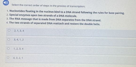 Select the correct order of steps in the process of transcription: 1 ...