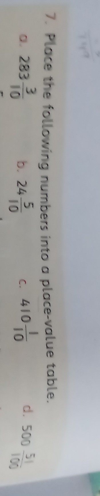 7 place the following numbers into a place value table a 283 frac310 b ...