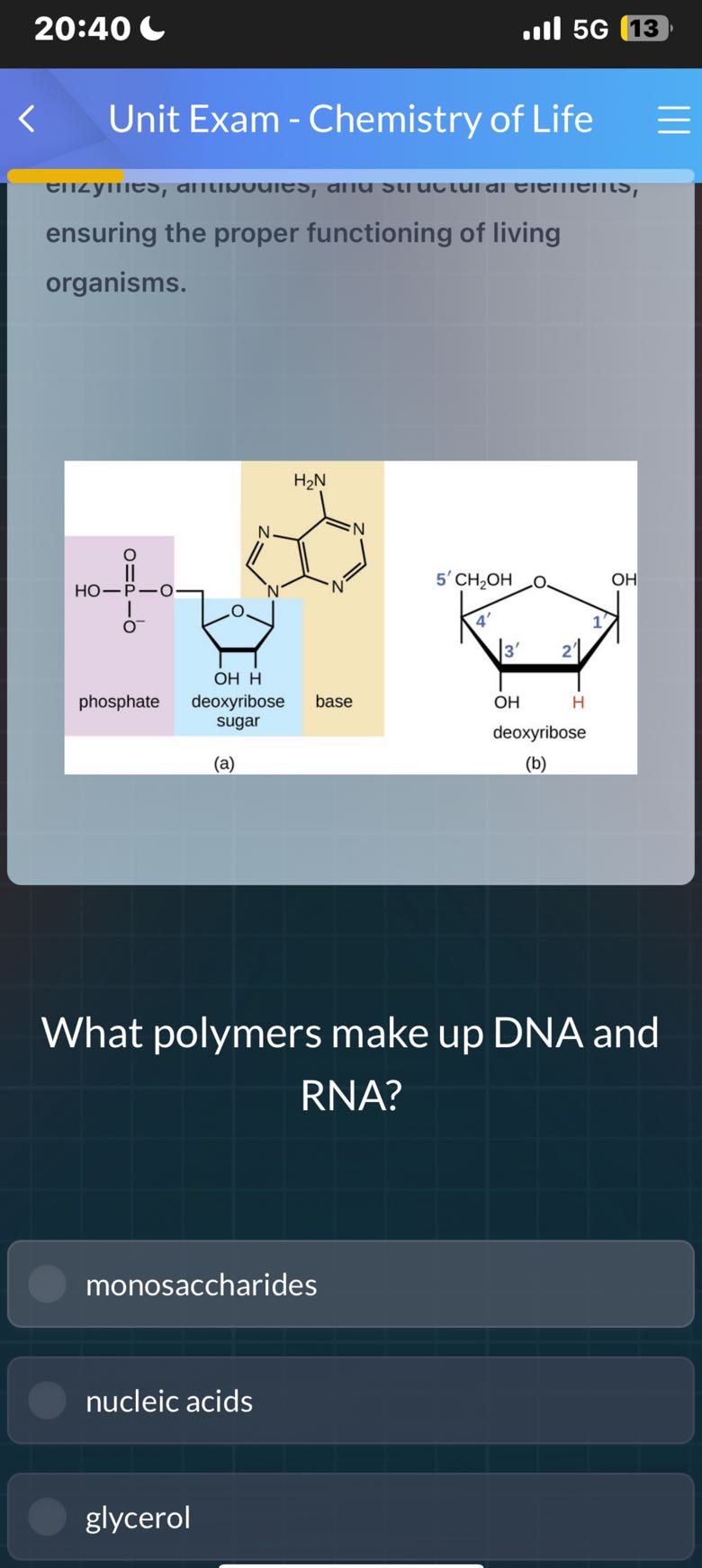 20:40 C .ull 5G 13 Unit Exam - Chemistry of Life ensuring the proper functioning of living ...