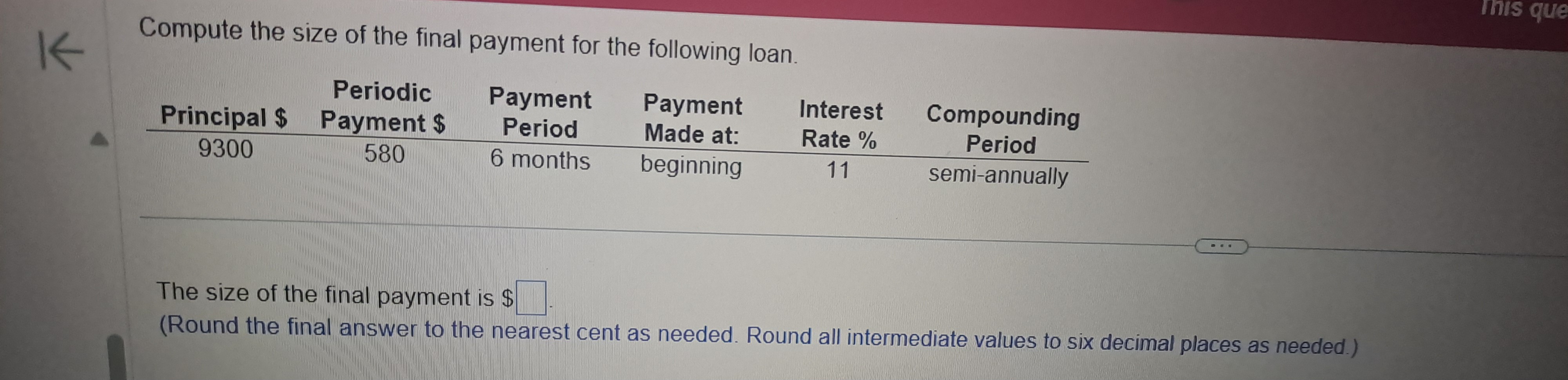 Compute the size of the final payment for the following loan. Principal ...