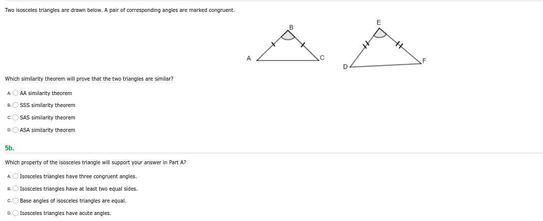 Two isosceles triangles are drawn below. A pair of corresponding angles ...