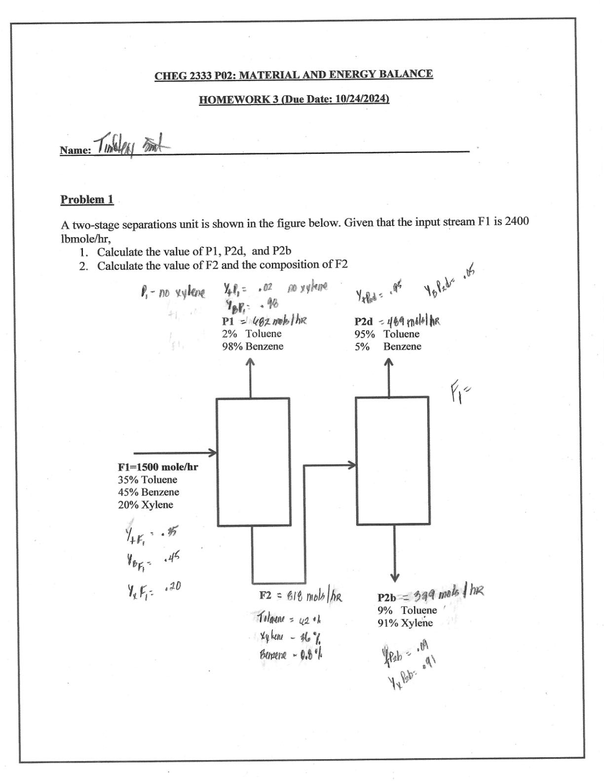 cheg 2333 p02 material and energy balance homework 3 due date 10242024 name tindecy ind problem ...