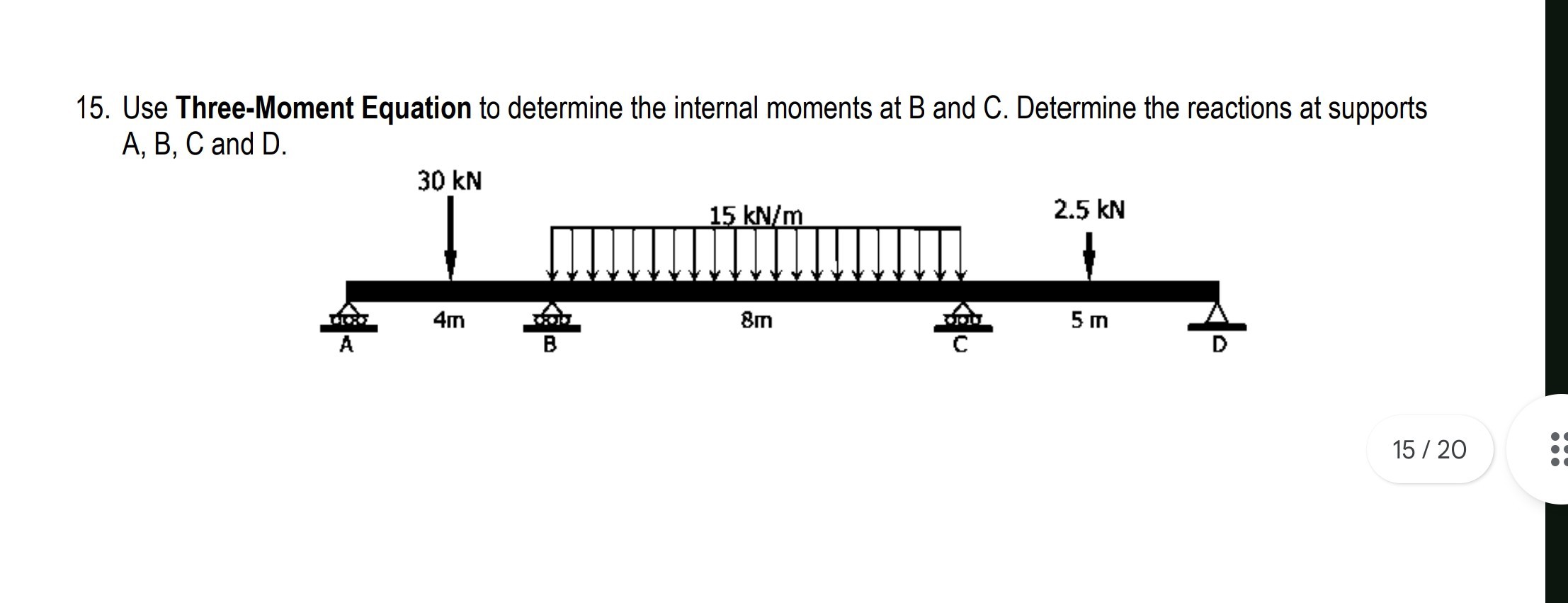 15. Use Three-Moment Equation to determine the internal moments at B ...