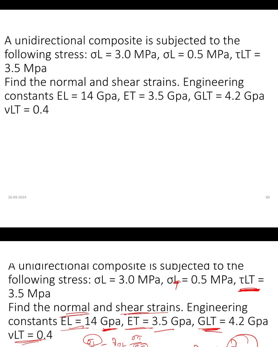 A unidirectional composite is subjected to the following stress: σL=3.0 MPa, σL=0.5 MPa, tLT= 3. ...