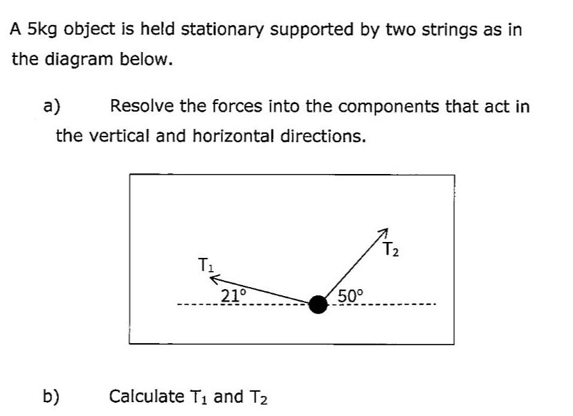 A 5 kg object is held stationary supported by two strings as in the ...