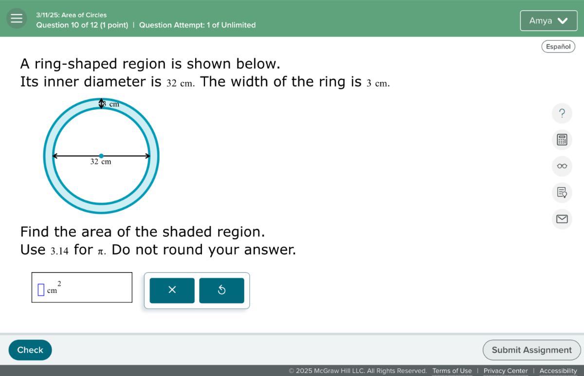 3/11/25: Area of Circles Question 10 of 12 (1 point) | Question Attempt ...