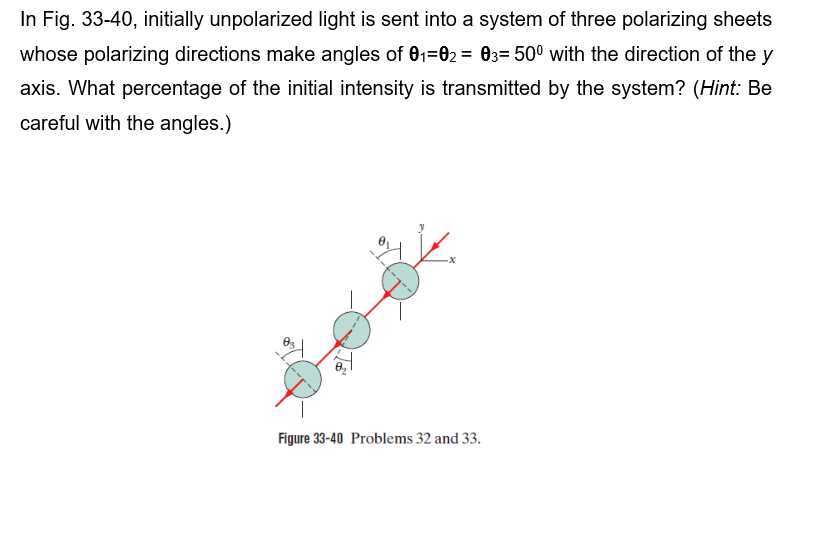 in fig 33 40 initially unpolarized light is sent into a system of three polarizing sheets whose ...