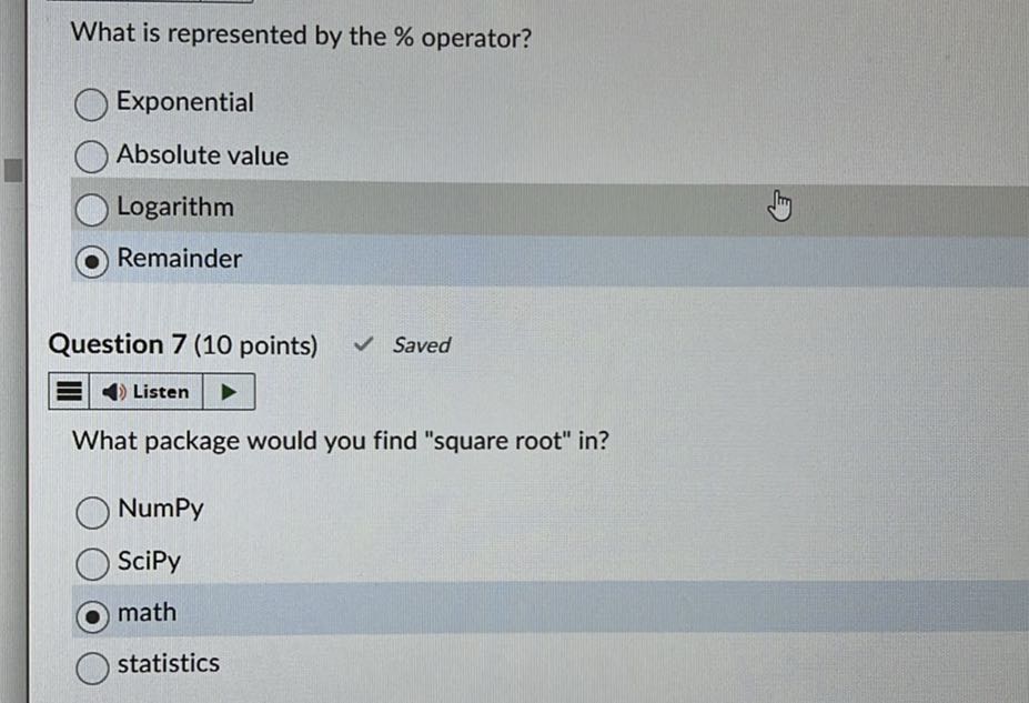 What is represented by the % operator? Exponential Absolute value ...