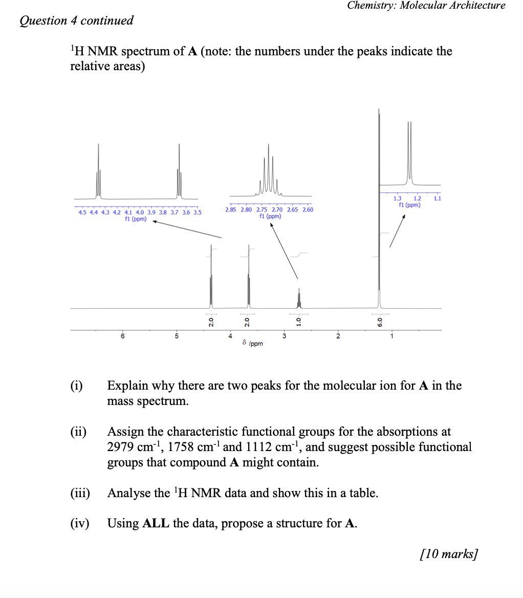 question 4 continued chemistry molecular architecture 1 mathrmh nmr ...