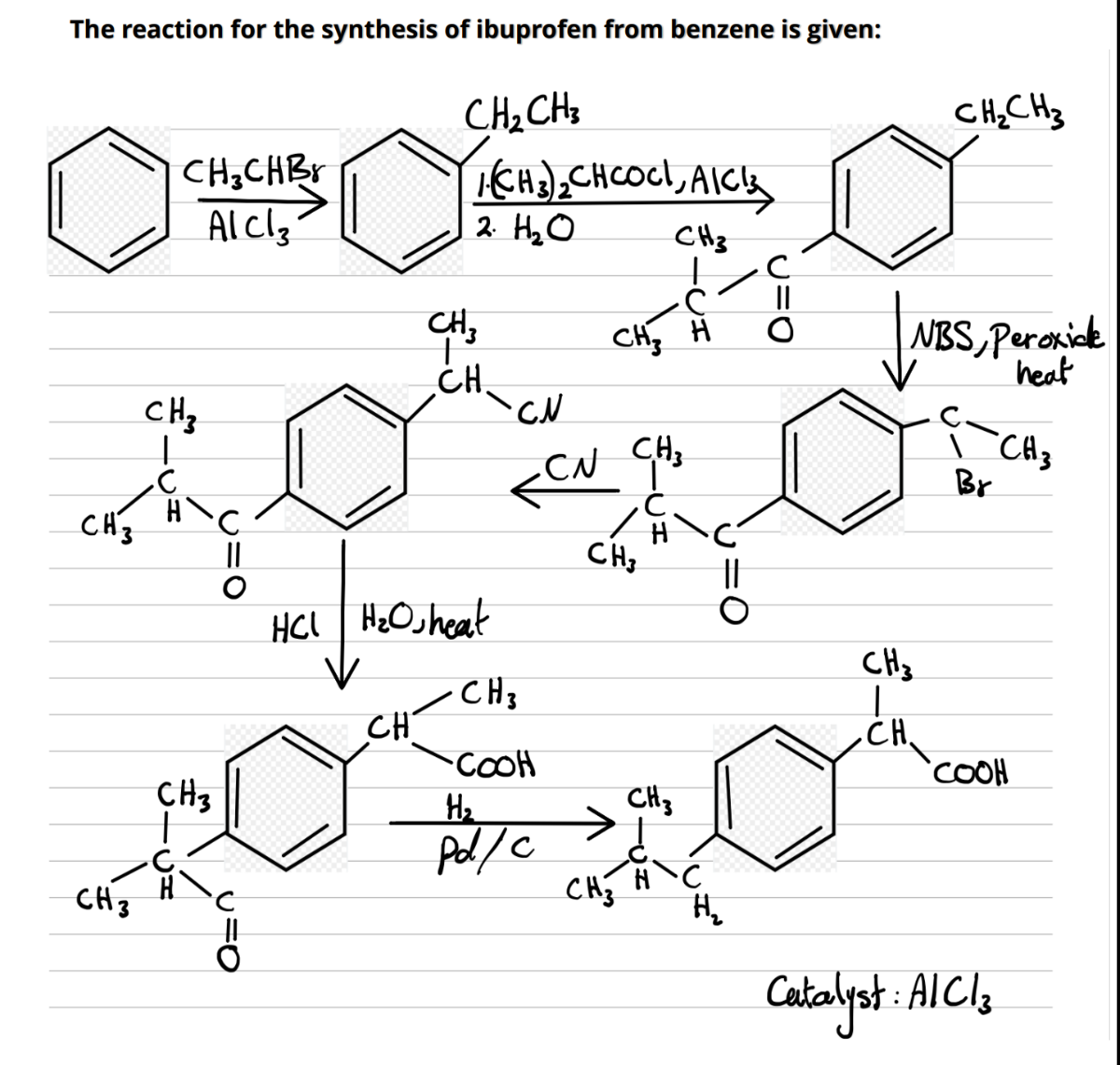 The reaction for the synthesis of ibuprofen from benzene is given:
