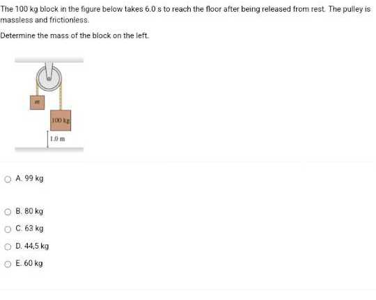 The 100 kg block in the figure below takes 6.0 s to reach the floor ...