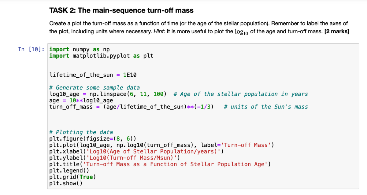 TASK 2: The main-sequence turn-off mass Create a plot the turn-off mass as a function of time ...