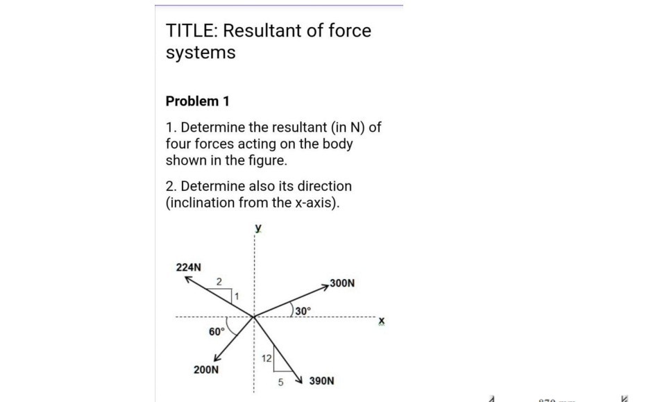TITLE: Resultant of force systems Problem 1 1. Determine the resultant ...