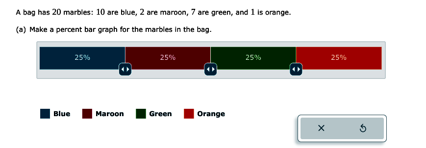 A bag has 20 marbles: 10 are blue, 2 are maroon, 7 are green, and 1 is ...
