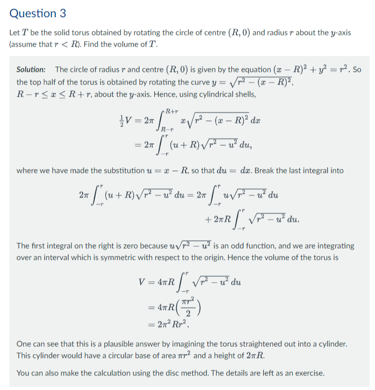 Question 3 Let T be the solid torus obtained by rotating the circle of centre (R, 0) and radius ...