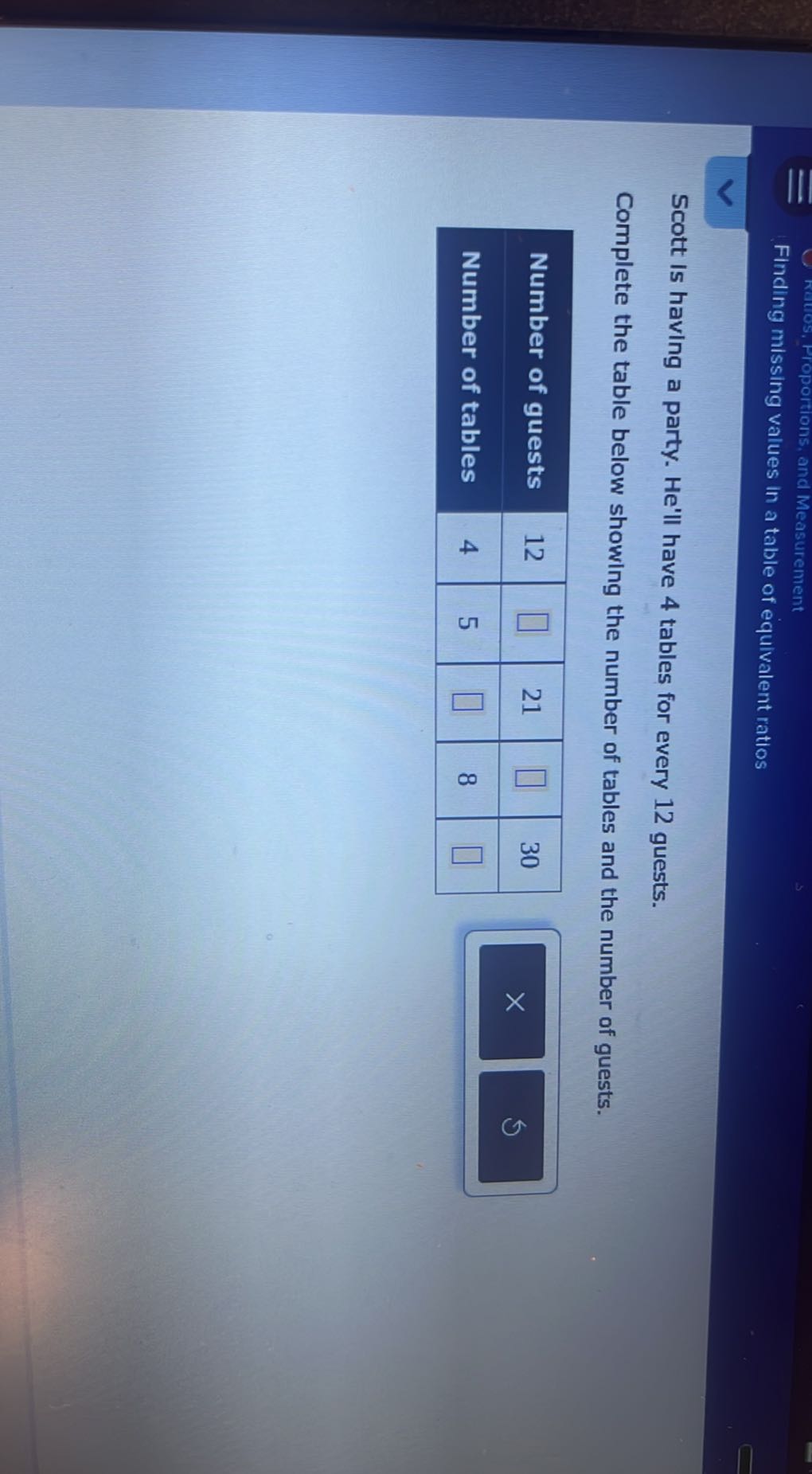 Finding missing values in a table of equivalent ratios Scott is having ...