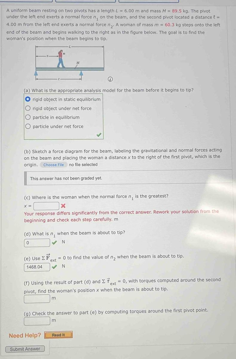 SOLVED: A uniform beam resting on two pivots has a length L=6.00 m and ...