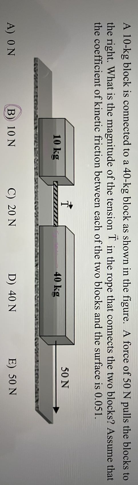 A 10-kg block is connected to a 40-kg block as shown in the figure. A force of 50 N pulls the ...
