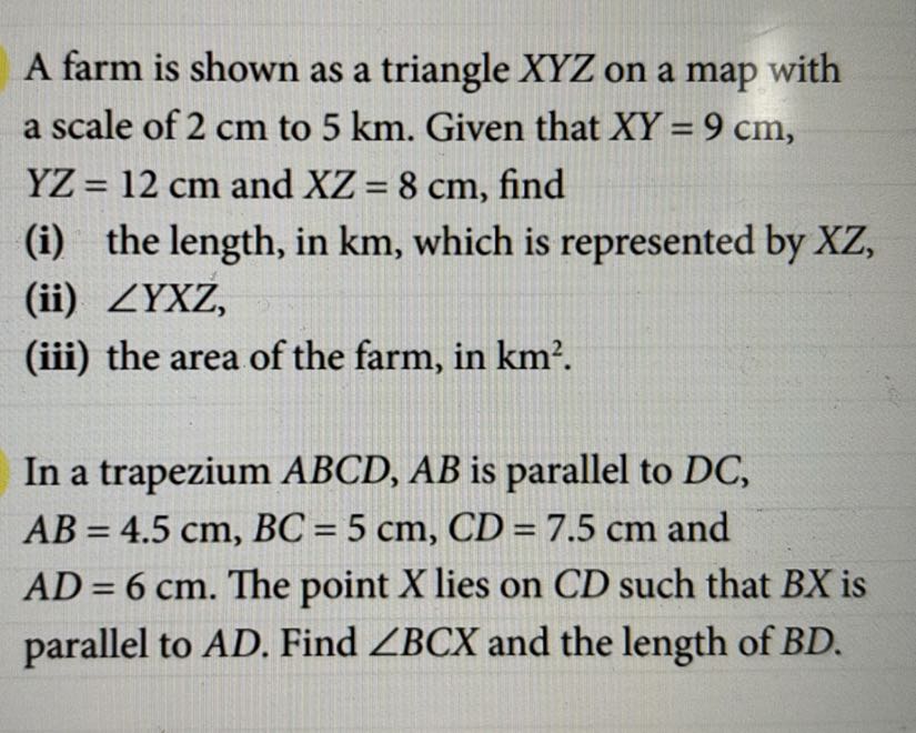 A farm is shown as a triangle X Y Z on a map with a scale of...