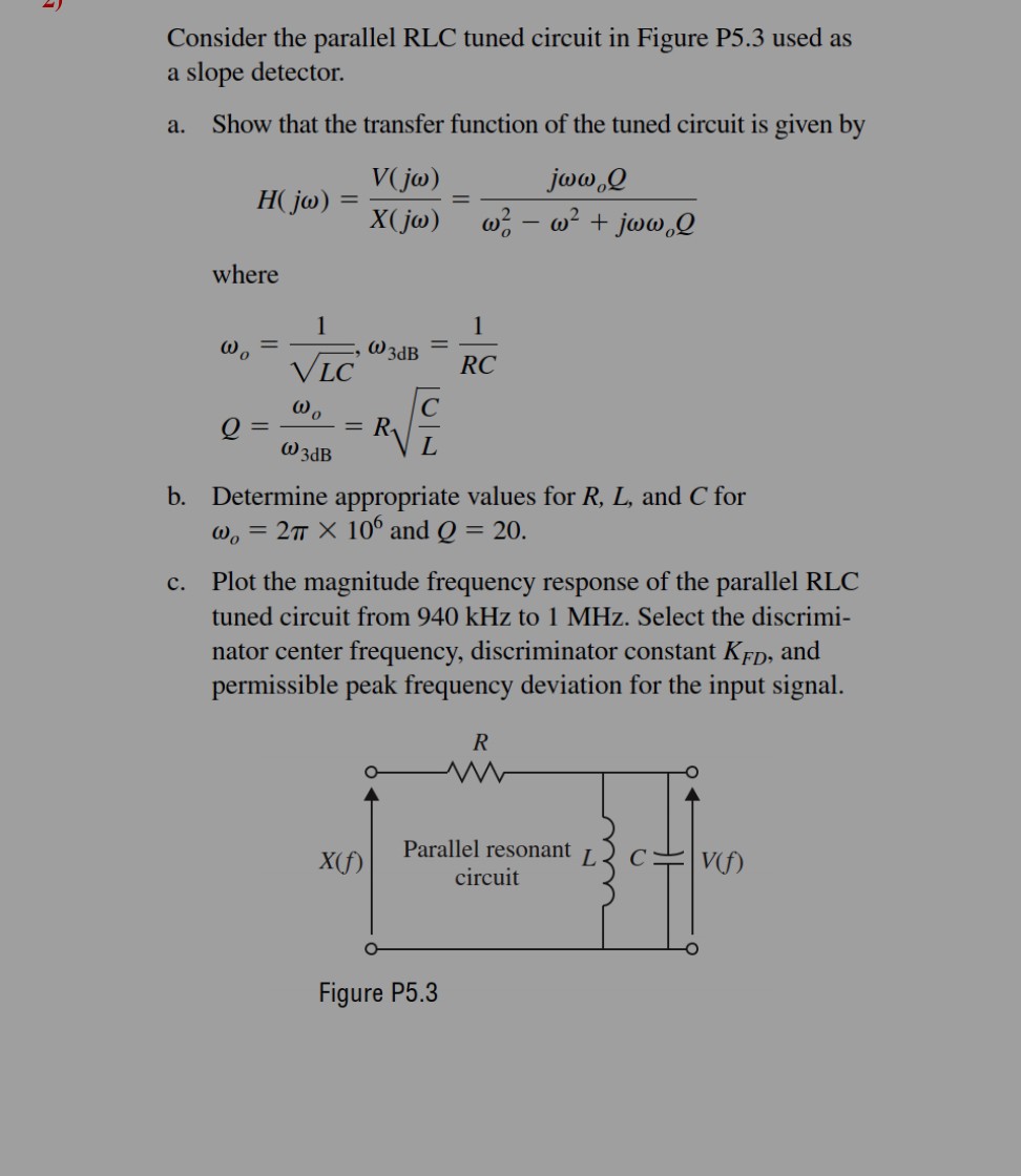 Consider the parallel RLC tuned circuit in Figure P5.3 used as a slope ...
