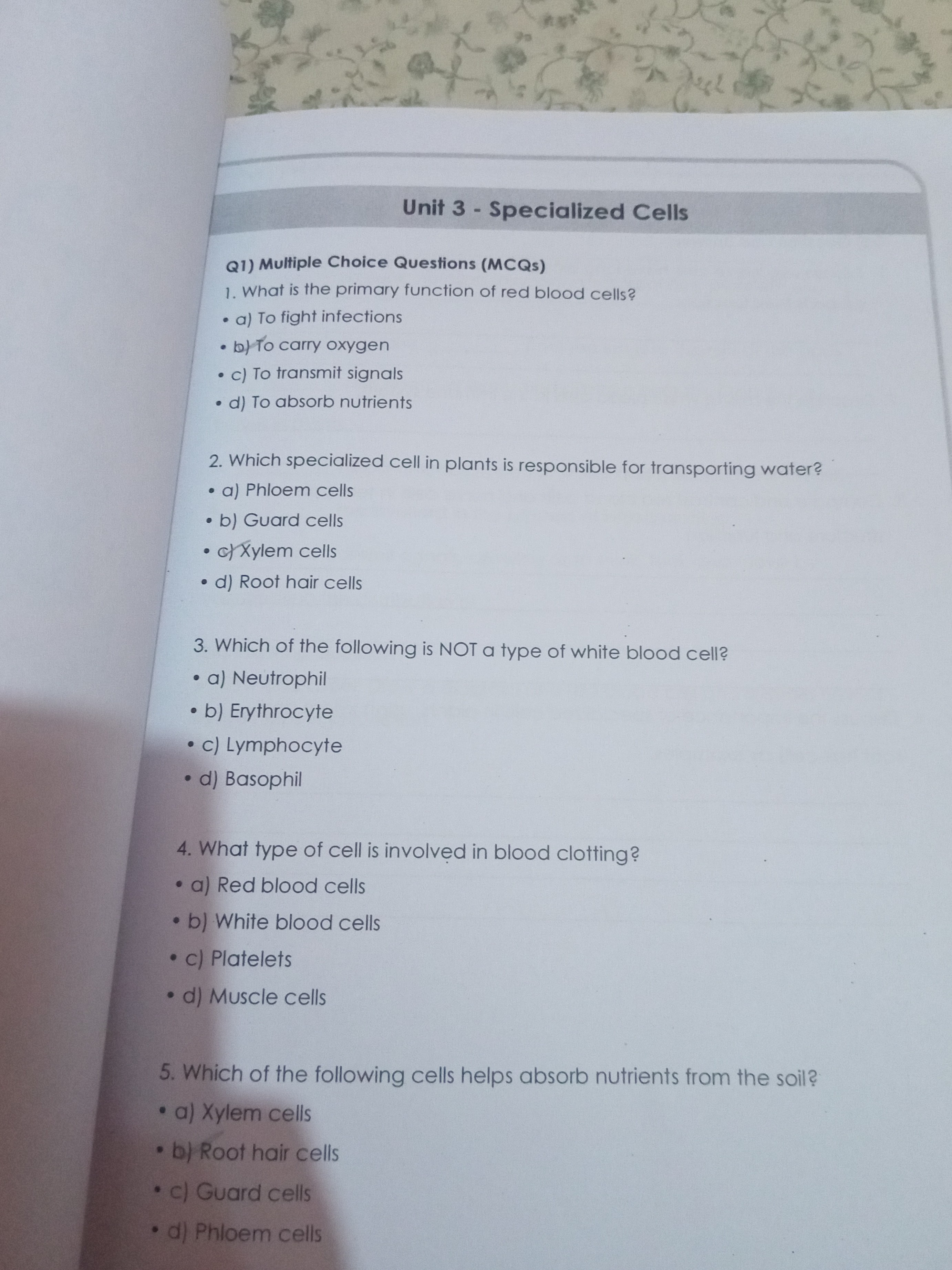 unit 3 specialized cells q1 multiple choice questions mcqs 1 what is the primary function of red ...