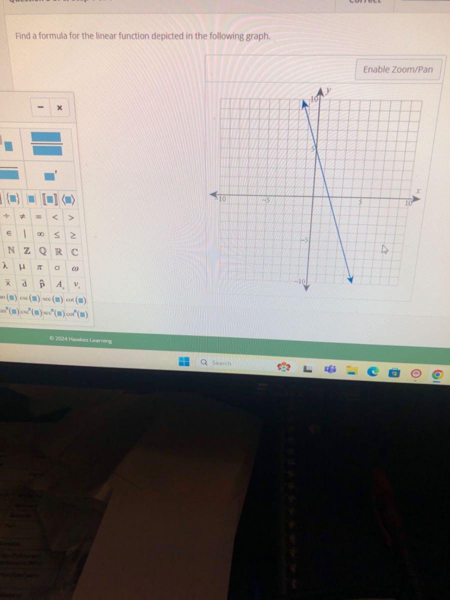 Find a formula for the linear function depicted in the following graph. Enable Zoom/Pan 02024 ...