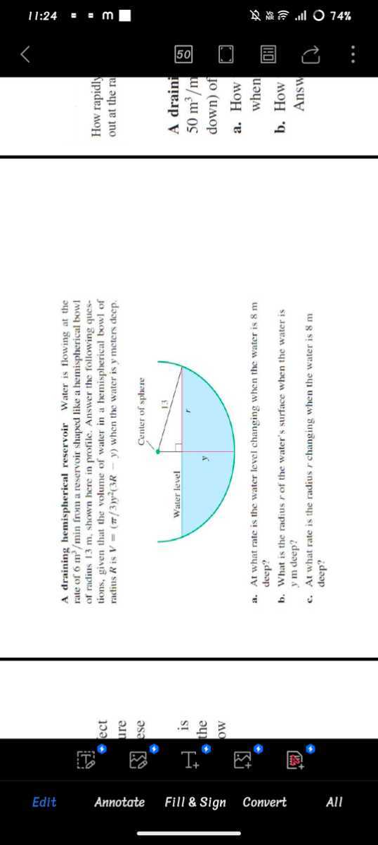 a draining hemispherical reservoir water is flowing the rate of 6 ...