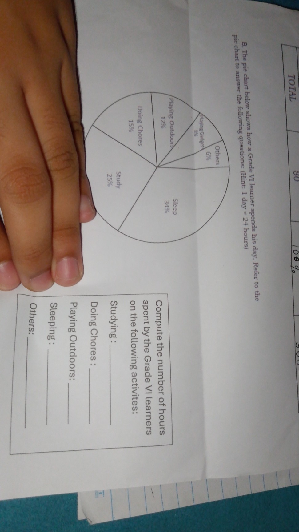 TOTAL B. The pie chart below shows how a Grade VI learner spends his ...