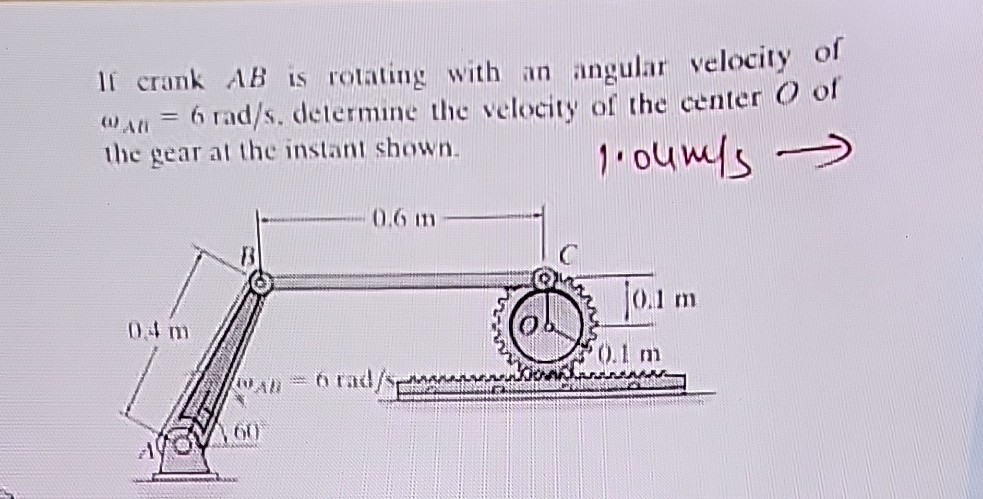 If crank A B is rotating with an angular velocity of ω^(1)=6 rad / s. determine the velocity of ...