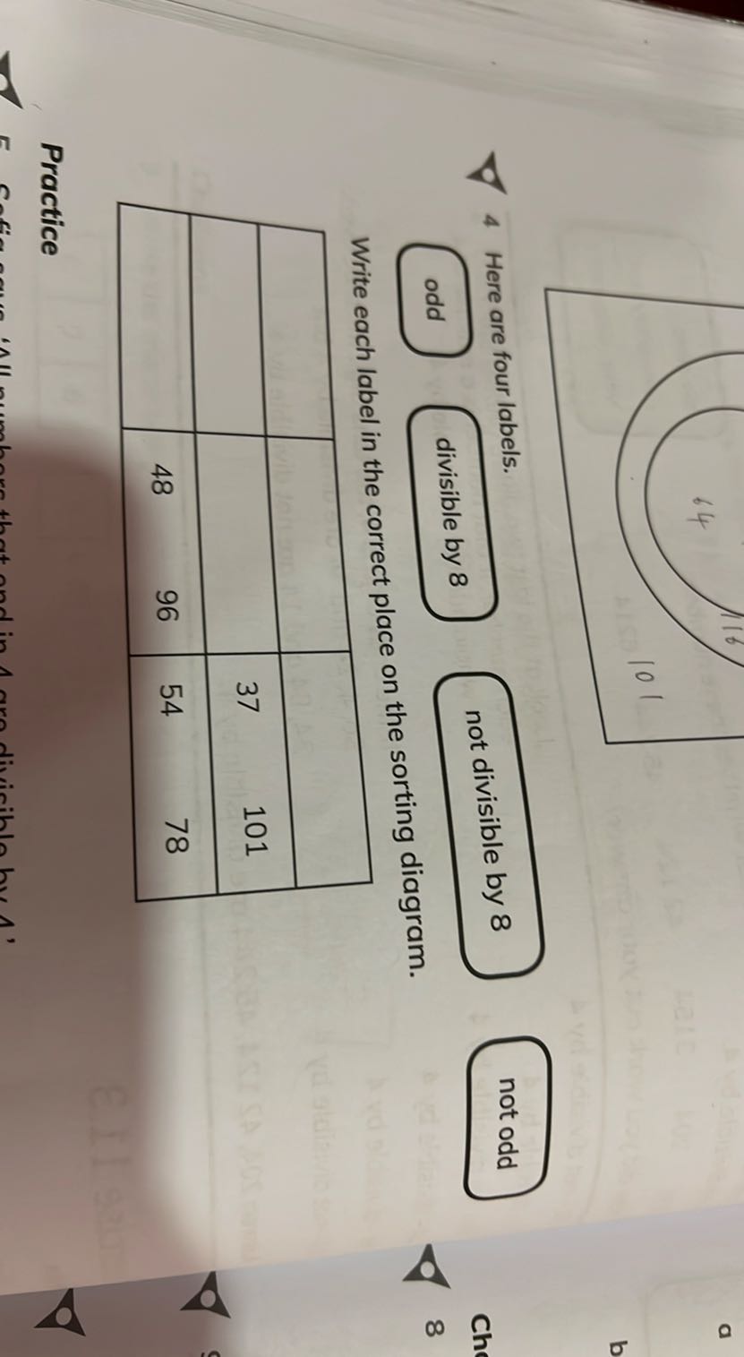 4 Here are four labels. odd divisible by 8 not divisible by 8 not odd Write each label in the ...