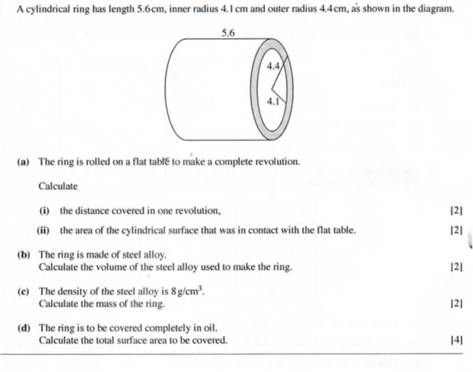 A cylindrical ring has length 5.6 cm, inner radius 4.1 cm and outer ...