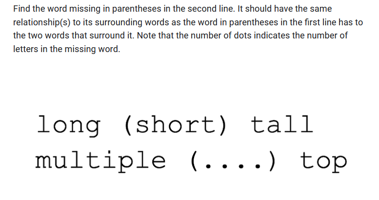 Find the word missing in parentheses in the second line. It should have the same relationship(s ...