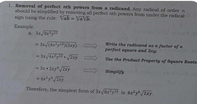 1 removal of perfect nth powers from a radicand any radical of order n ...