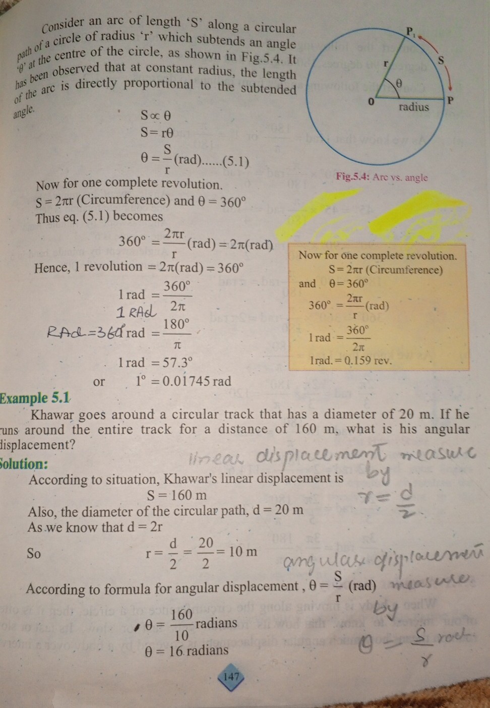 Consider an arc of length 'S' along a circular path of a circle of ...
