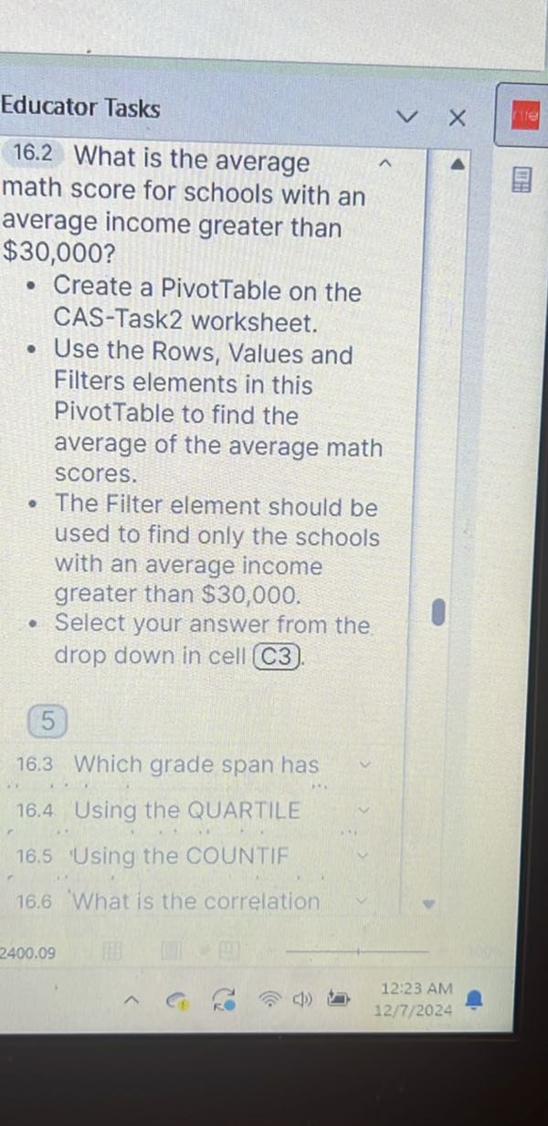 Educator Tasks 16.2 What is the average math score for...
