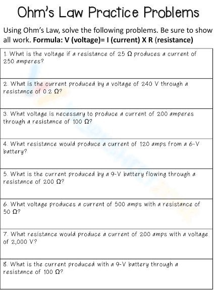 Ohm's Law Practice Problems Using Ohm's Law, solve the following ...