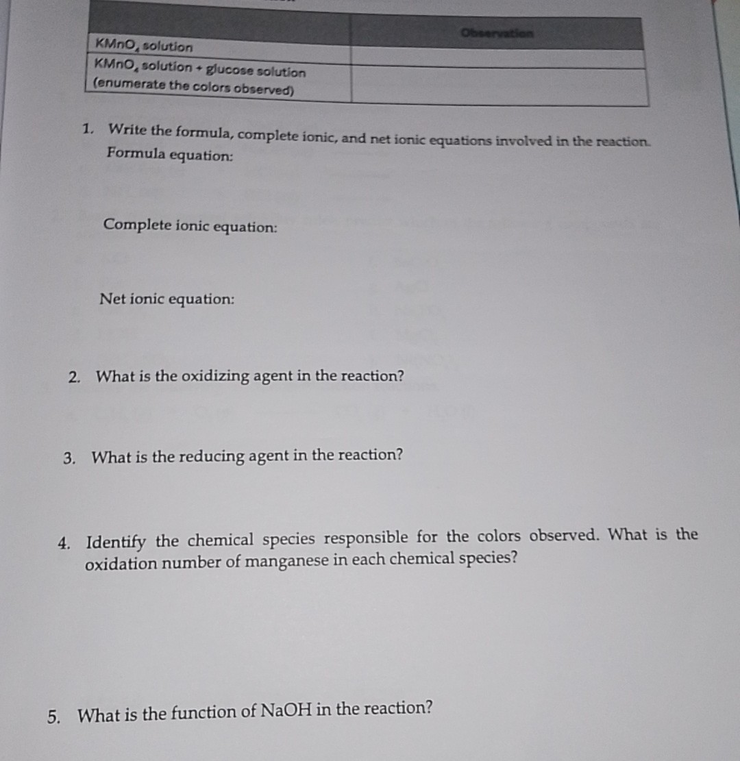 KMnO, solution Obevrvation KMnO4 solution + glucose solution (enumerate the colors observed) 1 ...